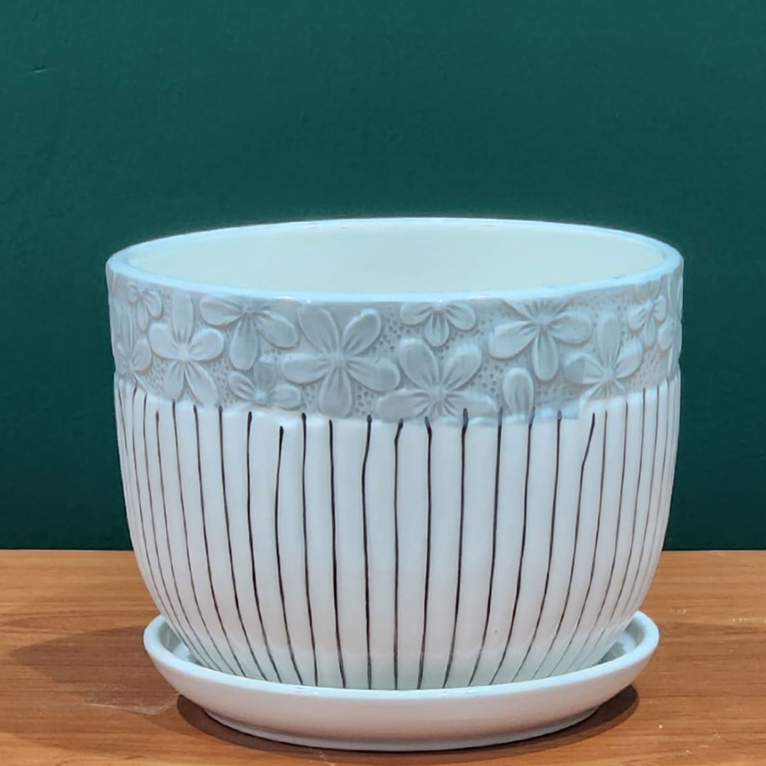 Ceramic White Floral and Pattern Pot-With Stripes - MyGreenLeaf ...